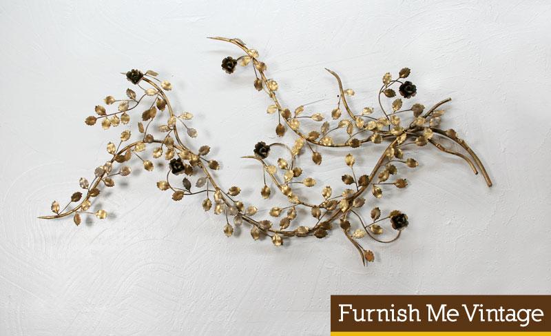Retro Gold/Brass Flowers On Vine Metal Wall Sculpture