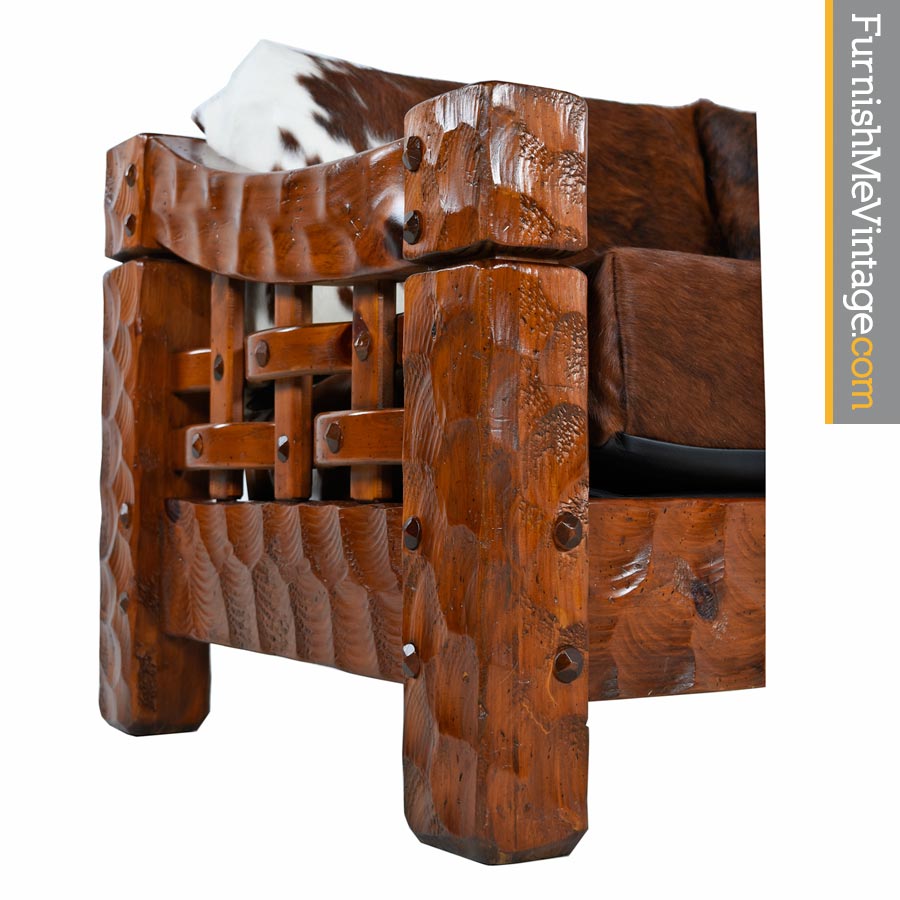 Null Solid Pine Rustic Modern Loveseat Sofa Setee in Cowhide Leather