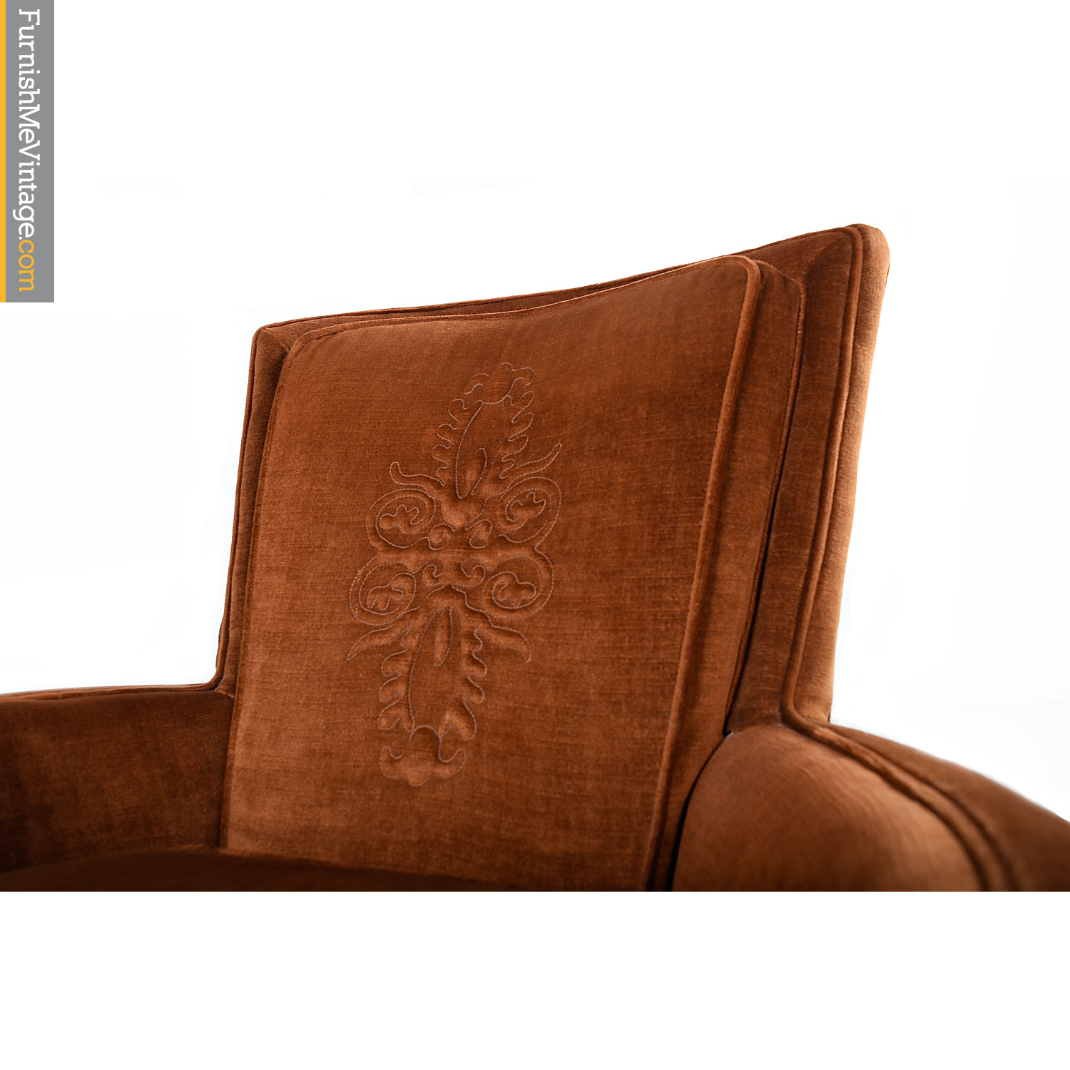 Pair Brown Velour Vintage Armchairs with Quilted Medallion