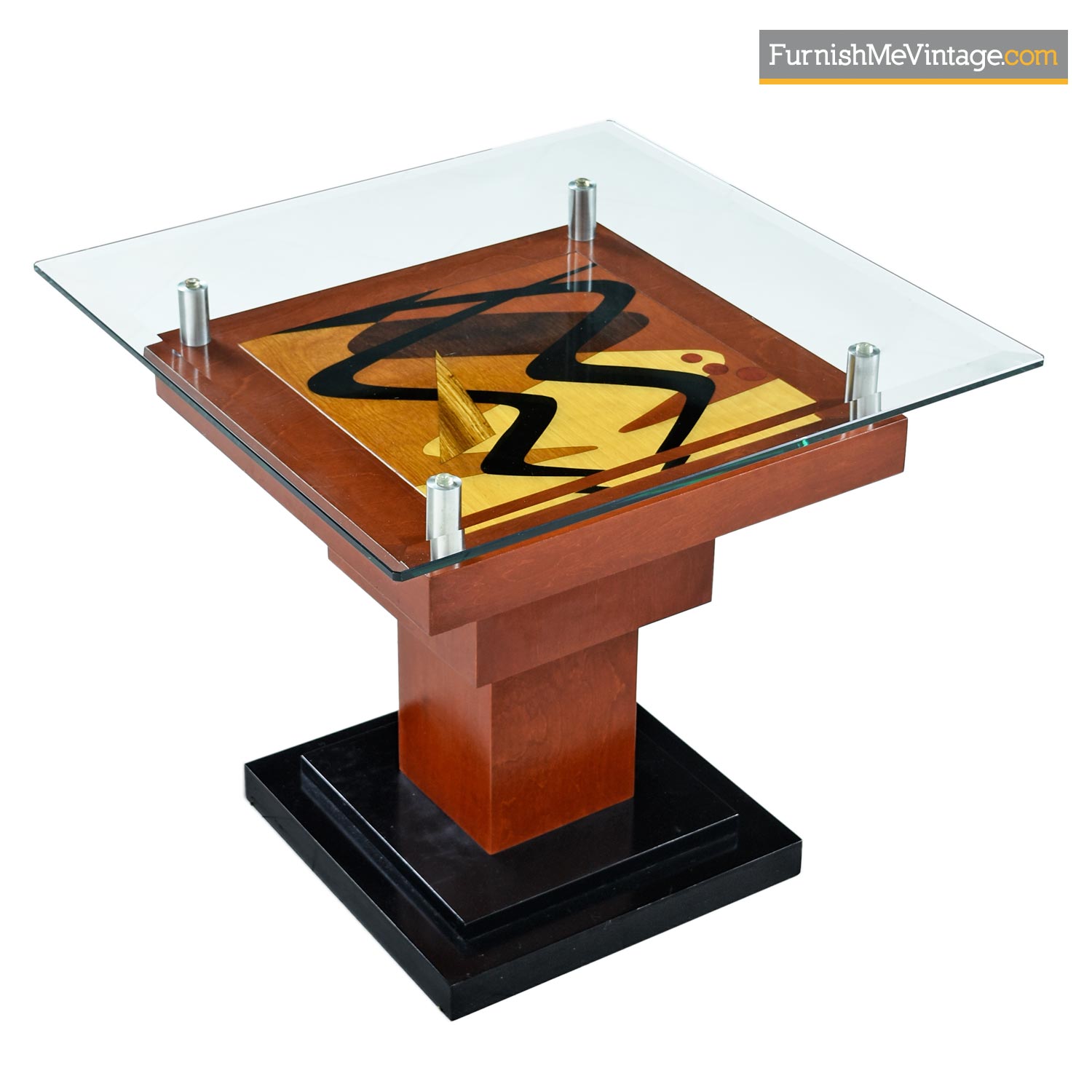 Artist Signed Modern Wood Inlay Marquetry Side Table