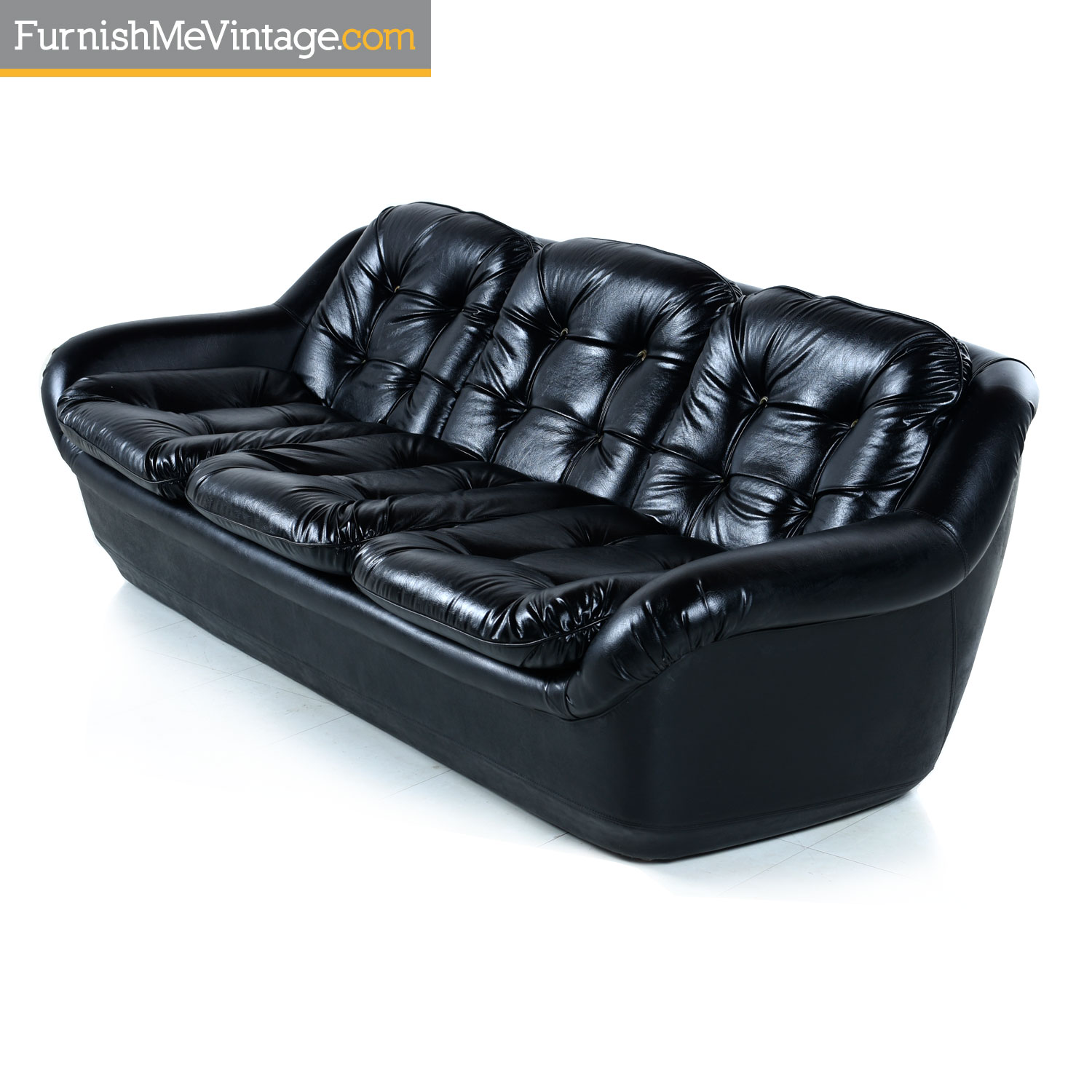 Black Vinyl Tufted Mid-Century Modern Sofa with Chorded Buttons