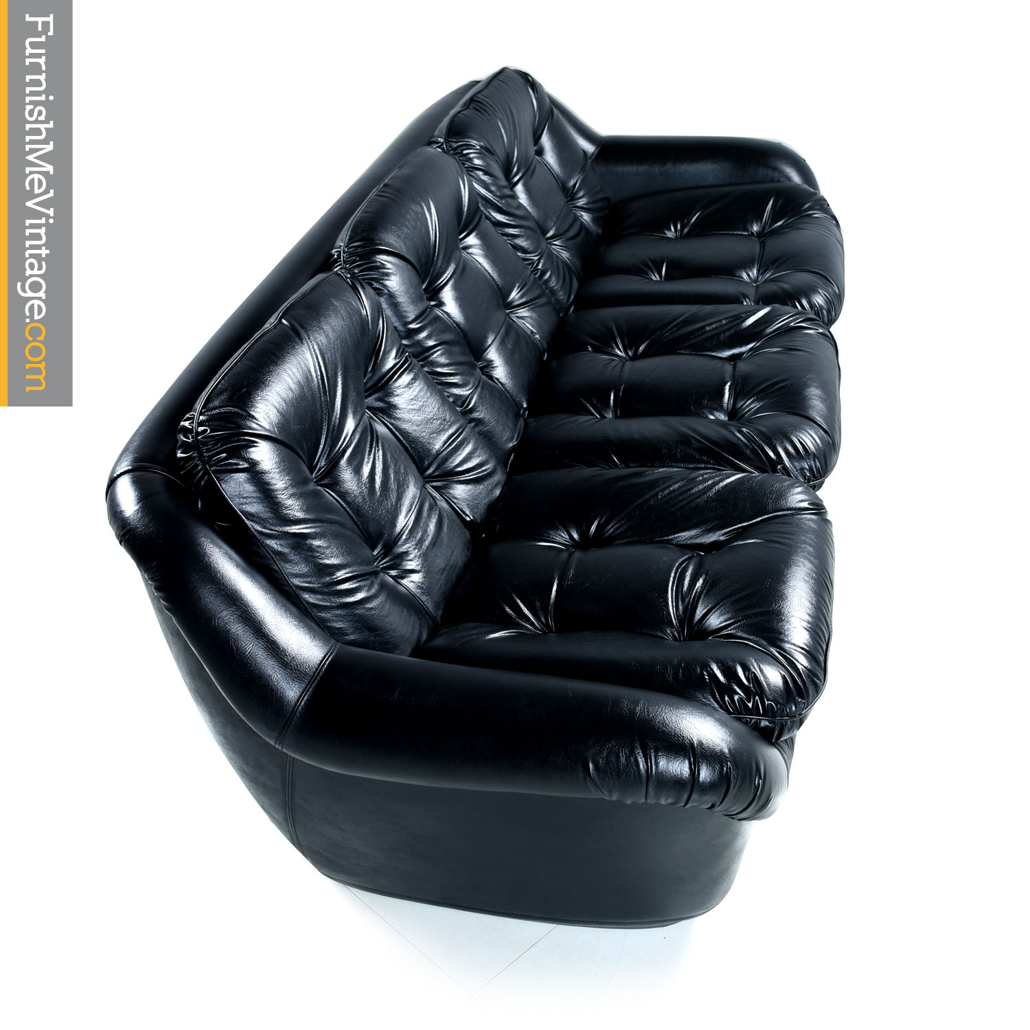 Black Vinyl Tufted Mid-Century Modern Sofa with Chorded Buttons