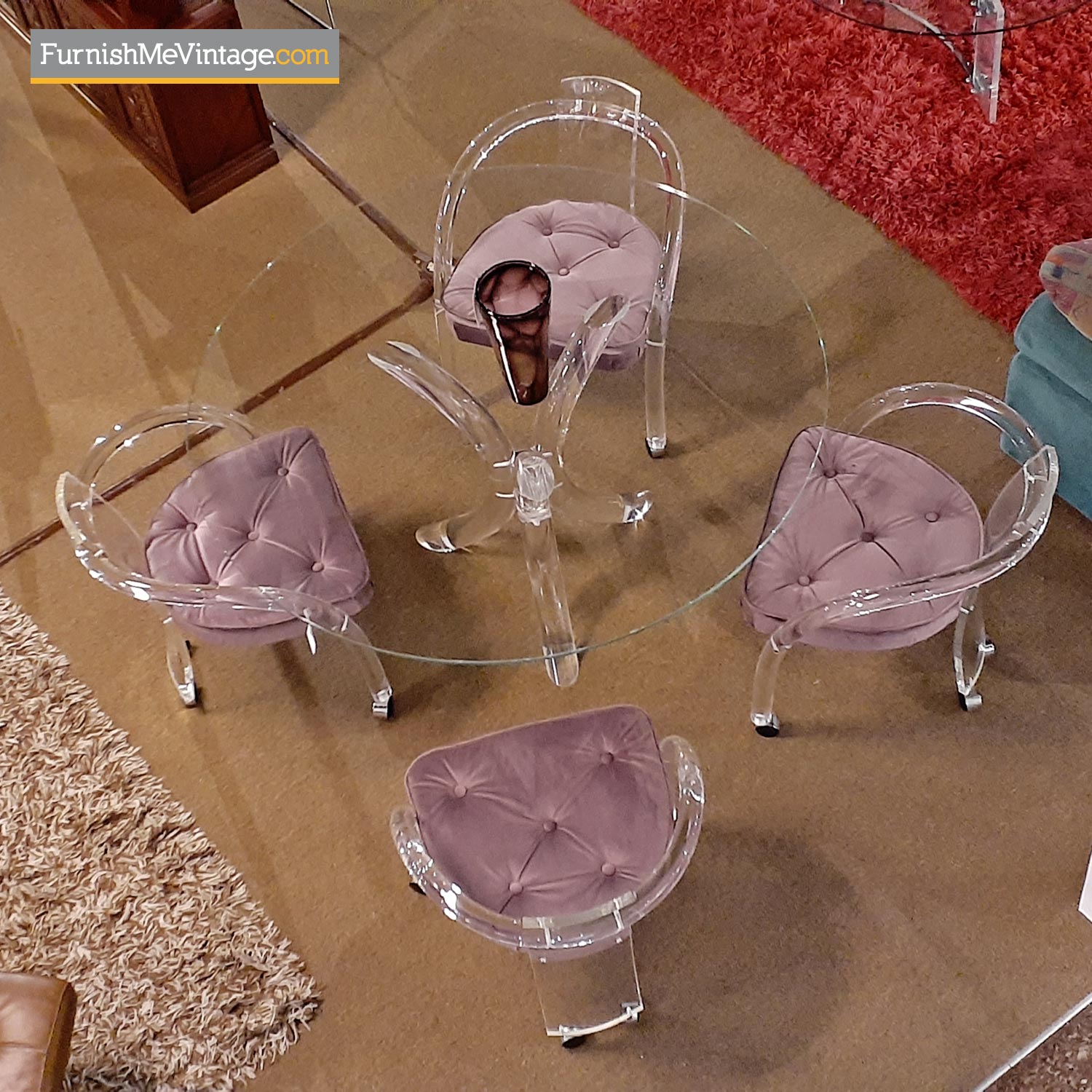 Tubular Lucite Chairs Set of Four with New Purple Tufted Velvet by Hill Mfg