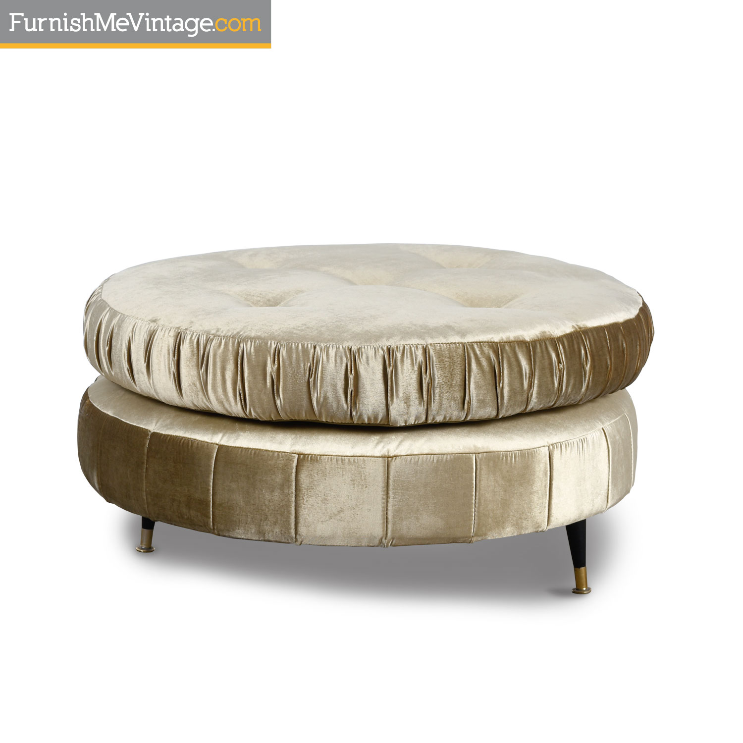 Large Round Mid-Century Modern Ottoman in Champagne Velvet