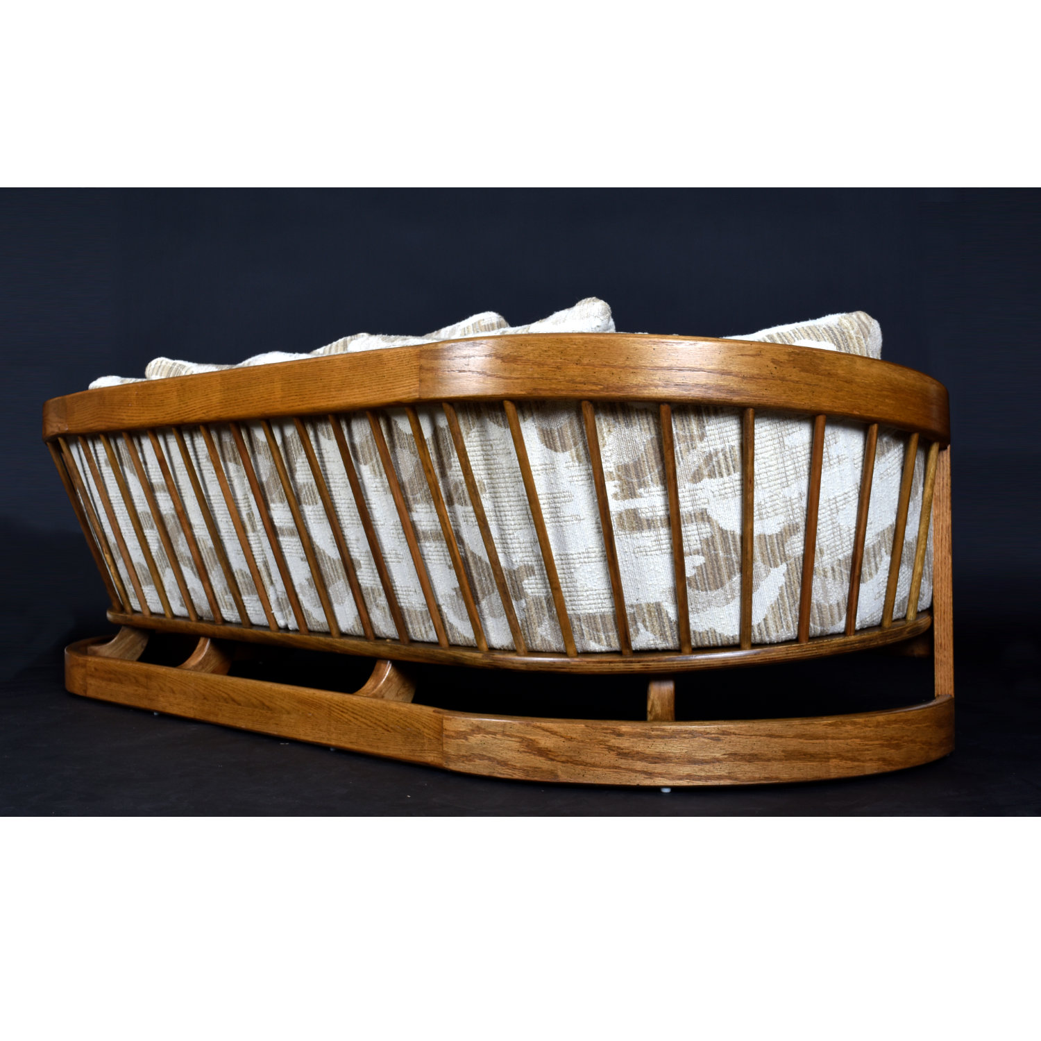 Howard Furniture Crescent Shaped Curved Wood Frame Curved Spindle Back Sofa