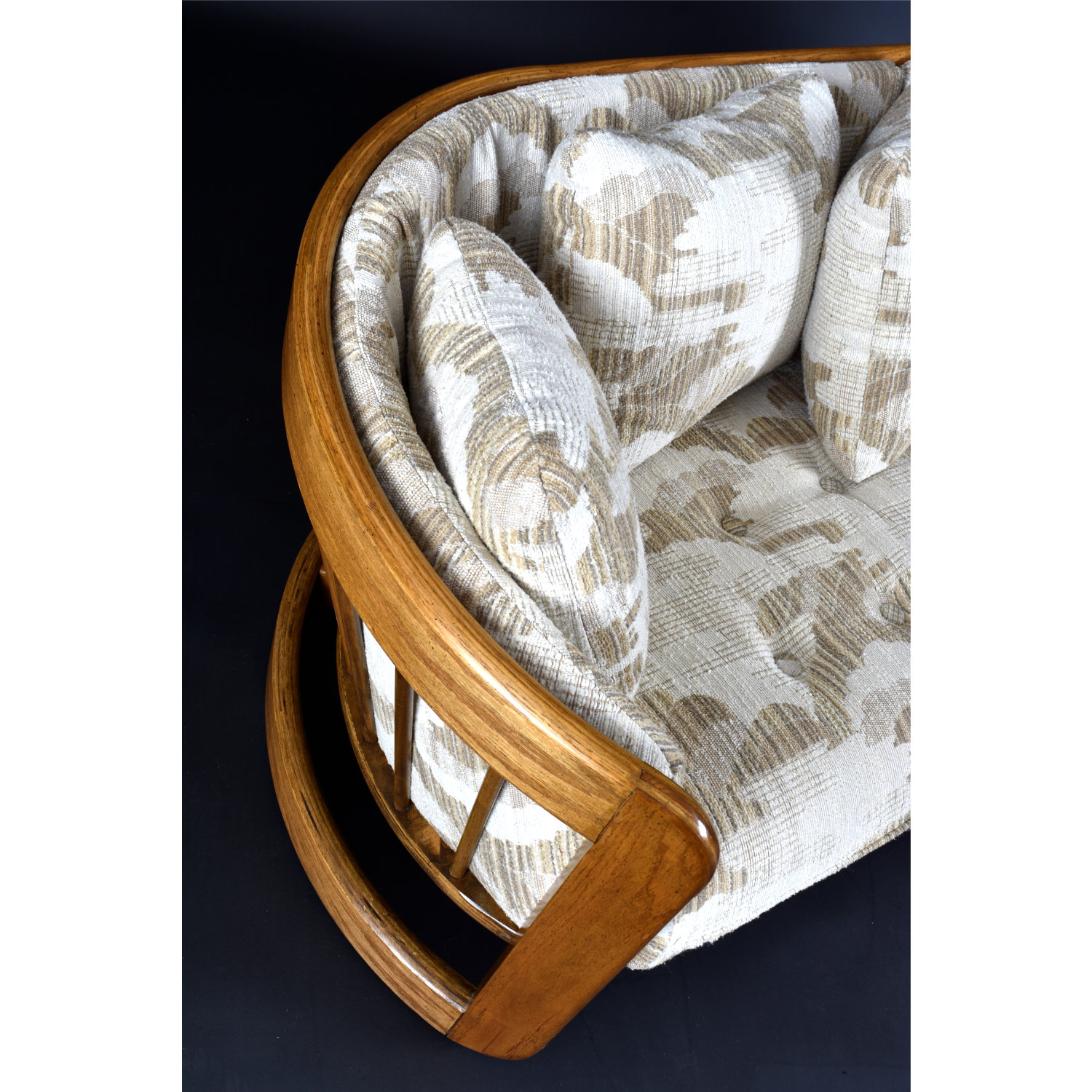 Howard Furniture Crescent Shaped Curved Wood Frame Curved Spindle Back Sofa