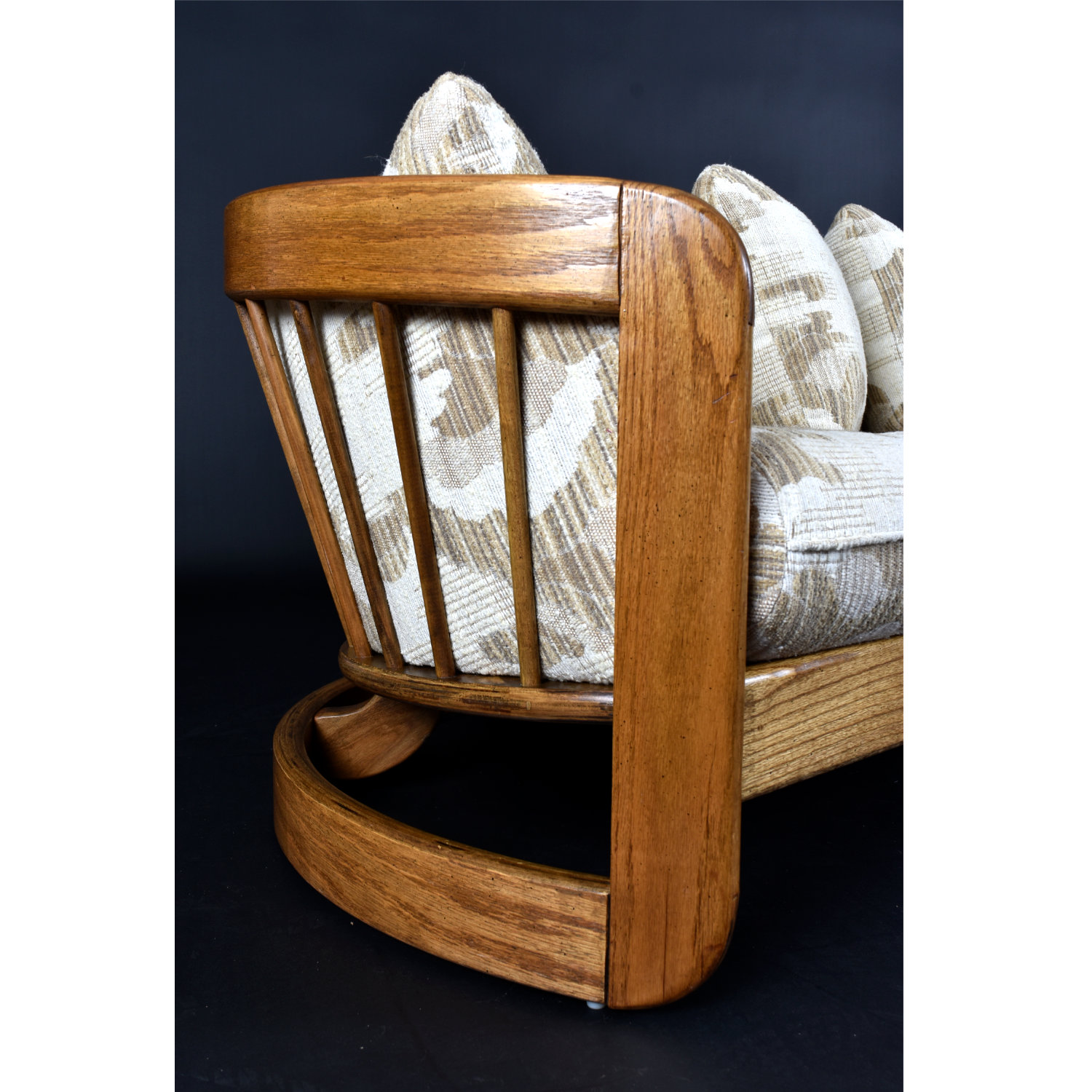 Howard Furniture Crescent Shaped Curved Wood Frame Curved Spindle Back Sofa