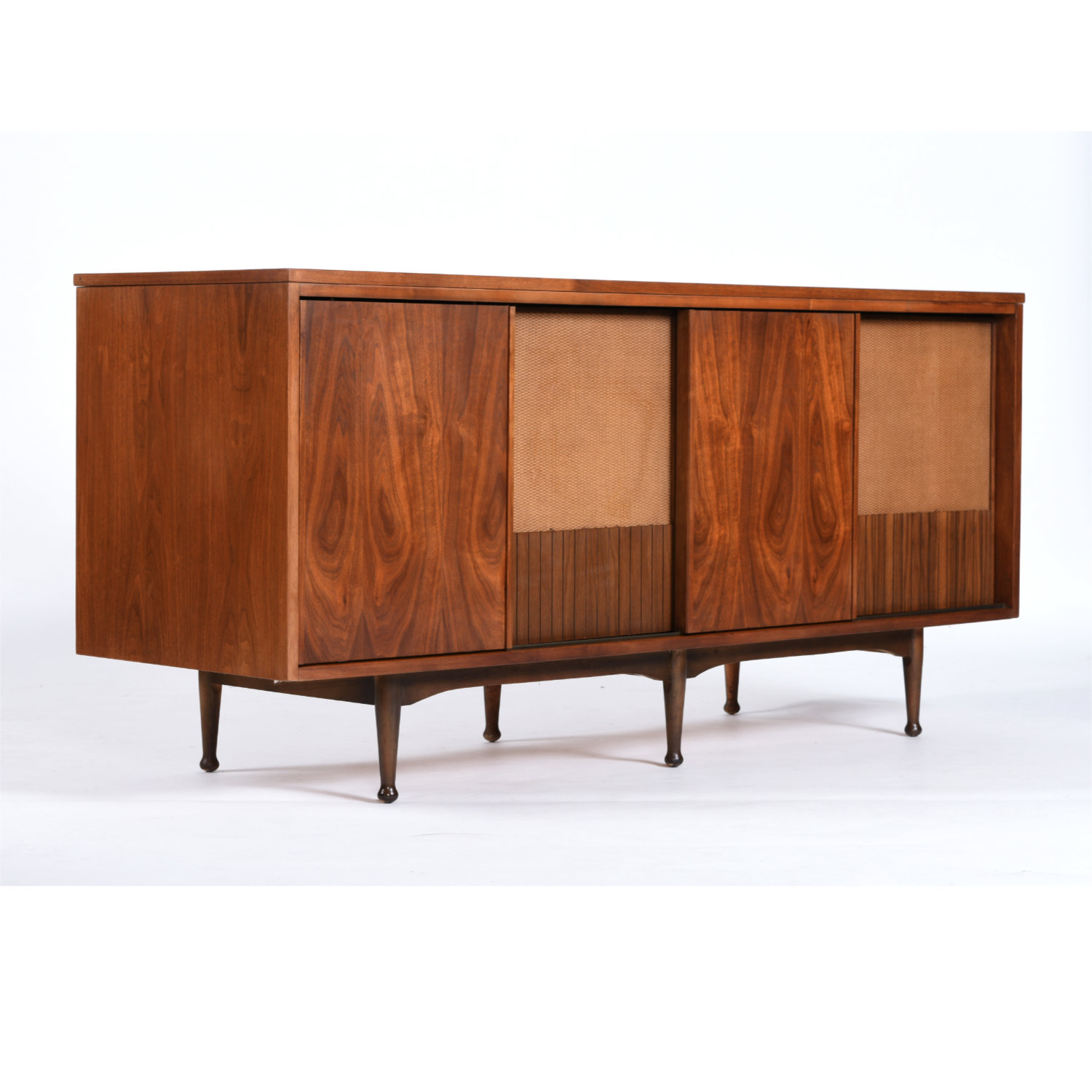 Mid-Century Modern Walnut TV Stand Media Center with Sliding Doors